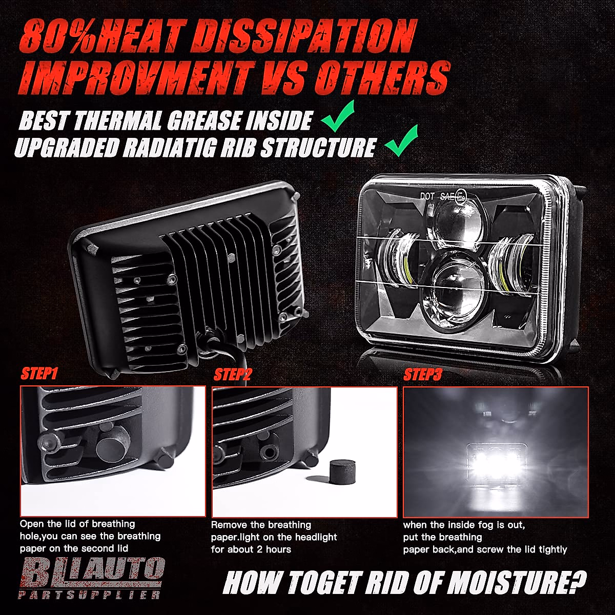 BLIAUTO DOT Approved 4x6 LED Headlights 4PCS 65W Hi/Low Sealed Beam H6545 Rectangular Projector Headlamp Replace H4651 H4652 H4656 H4666 for Kenworth T600 T800 W900 Peterbilt 378 379 Truck