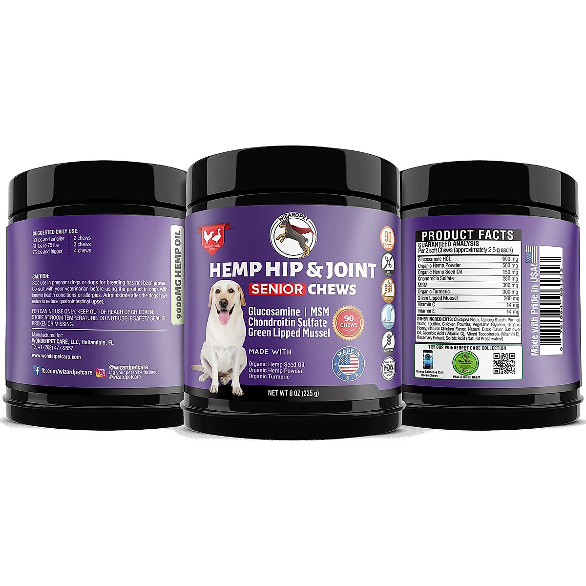 WIZARDPET Mobility Hemp Oil Hip & Joint Supplement for Senior Dogs - Chondroitin Glucosamine MSM Turmeric Green Lipped Mussel - Extra Strength Formula for Arthritis Pain Relief & Mobility | 90 Chews