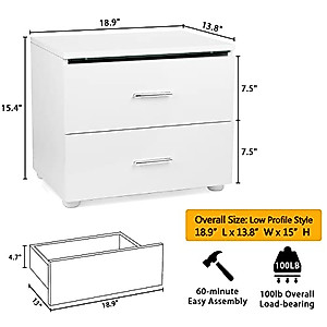 HOMMPA Small LED Nightstand White Modern Nightstand with led Light Matte LED Night Stand Bedside Table with 2 High Gloss Drawers for Children Bedroom Furniture 18.9" L x 13.8" W x 15.4" H