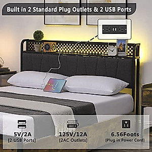Alohappy Queen Bed Frame with Drawers and RGB Led Lights, Storage Headboard with Charging Station, Metal Platform Bed Frame with Strong Steel Slats Support Easy Assembly No Squeak