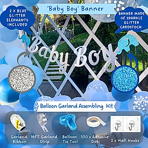 176 pc Premium Baby Shower Decorations for Boy, Birthday Boy, 2 in 1 Set - Balloon Garland Arch, Balloons Boxes and Banner, Elephant Baby Shower and Birthday Decorations