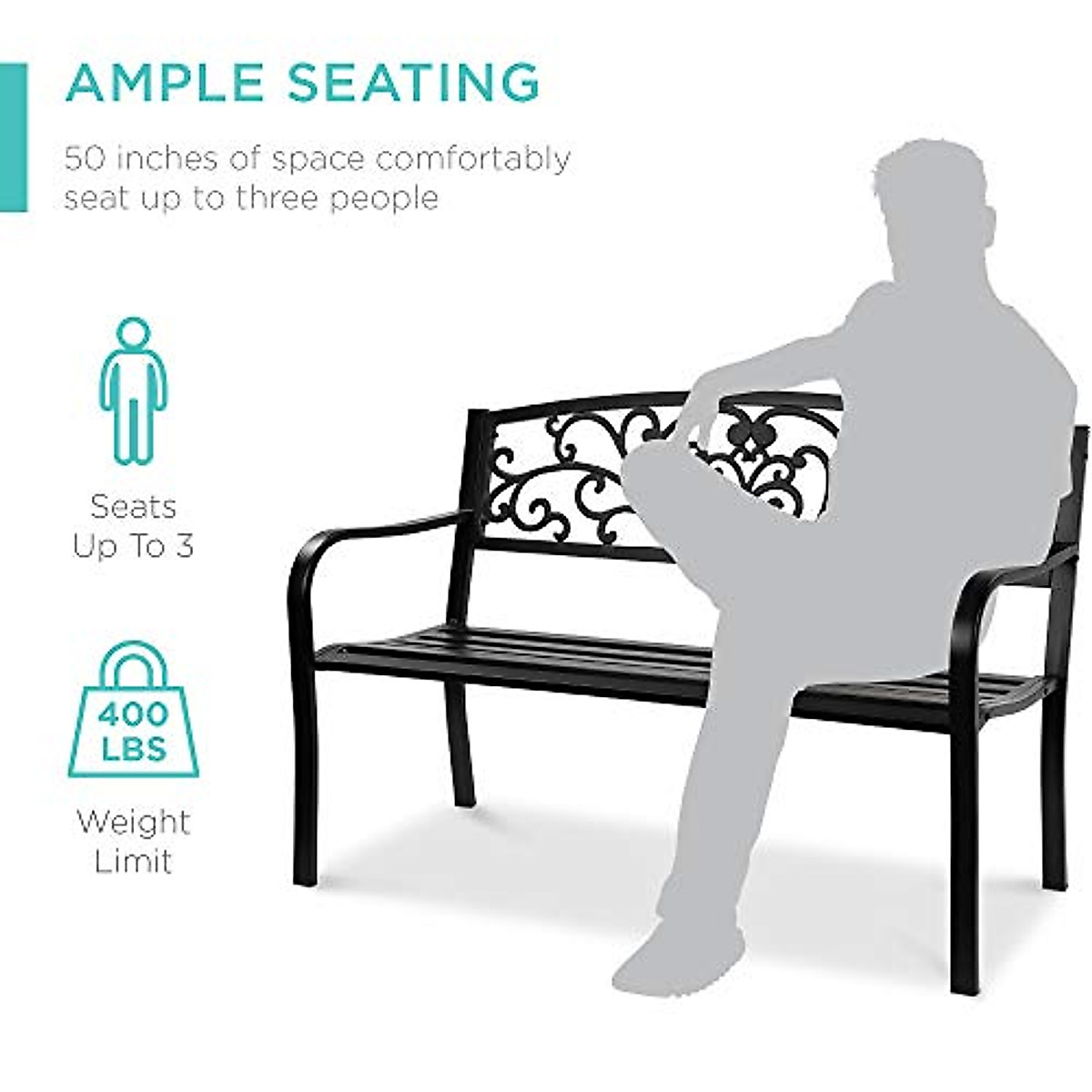 Best Choice Products Outdoor Bench Steel Garden Patio Porch Furniture for Lawn, Park, Deck w/Floral Design Backrest, Slatted Seat - Black