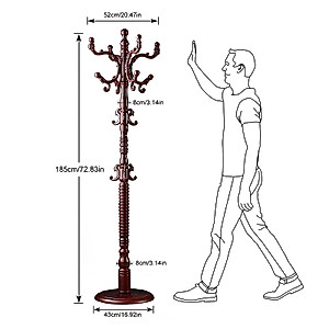 SerHirst Coat Rack Freestanding, Wooden Coat Tree Stand with 14 Hooks, Easy Assembly with Stable Disc Base for Bedroom, Hallway, Entrance Office for Hats, Coats, Scarves (Mahogany color)