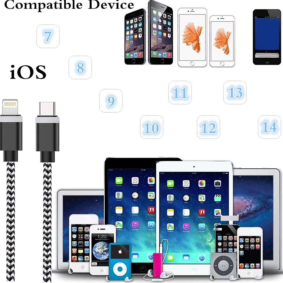 USB C to Lightning Cable iPhone 14 Charger Cable MFi Certified 5 Pack 3ft/6ft/10ft Supports Power Delivery Fast Long Card Data Sync Nylon Braided Compatible iPhone 14/13/12/11/XS/XR/X/8/iPad/iOS