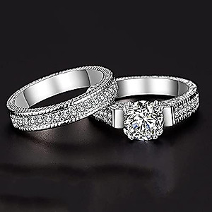 RYGHEWE Women Engagement Ring,2 Pcs Full Diamond Silver Color Adjustable Ring Fashion Carving Diamond Bridal Ring for Girlfriends Wife,Gift for Birthday,Valentine's Day,Anniversary (Silver, 7)