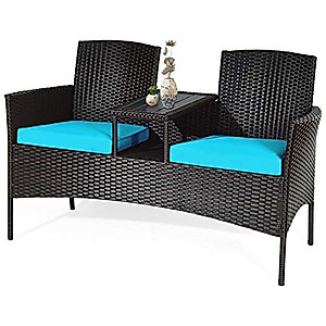 Tangkula Outdoor Rattan Loveseat, Patio Conversation Set with Cushions & Table, Modern Patio Furniture Set Wicker Sofa Set with Built-in Coffee Table, Rattan Sofas for Garden Lawn Backyard