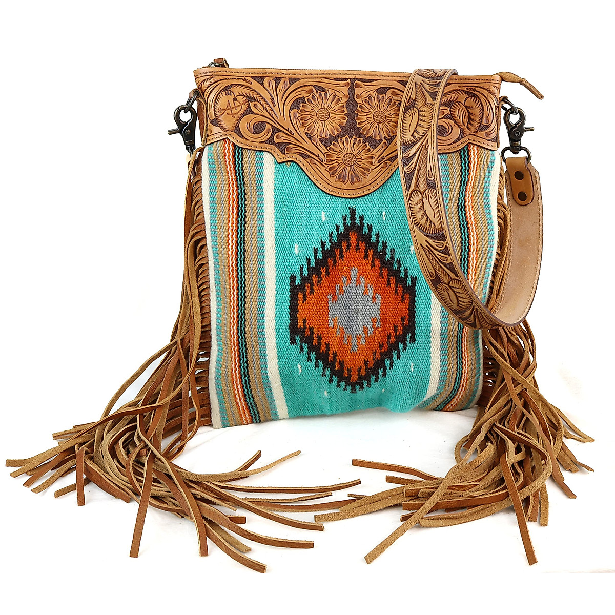 American Darling Aztec And Fringe Crossbody In Teal ADBG298E