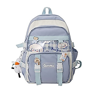 Kawaii Backpack with Cute Duck Plush, Aesthetic Student School Bags BookBag School Supplies Daypack Bag Rucksack (Blue), One Size