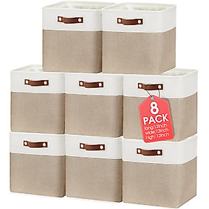 Uiifan 8 Pack Fabric Storage Basket Storage Bin with Handles Linen Decorative Storage Containers Organization Bins for Shelves Closet Organizer Baskets for Toy Nursery (Beige,12 x 12 x 12 Inch)