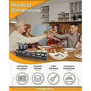 Saenchue Raclette Table Grill - Indoor Electric Grill Griddle - Nonstick Extra Large Reversible 4-In-1 Outdoor Dishwasher Safe with Cheese 12 Paddles 12 Spatulas for 12 Person, FD-12