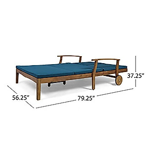 Great Deal Furniture Samantha Double Chaise Lounge for Yard and Patio, Acacia Wood Frame, Teak Finish with Blue Cushions