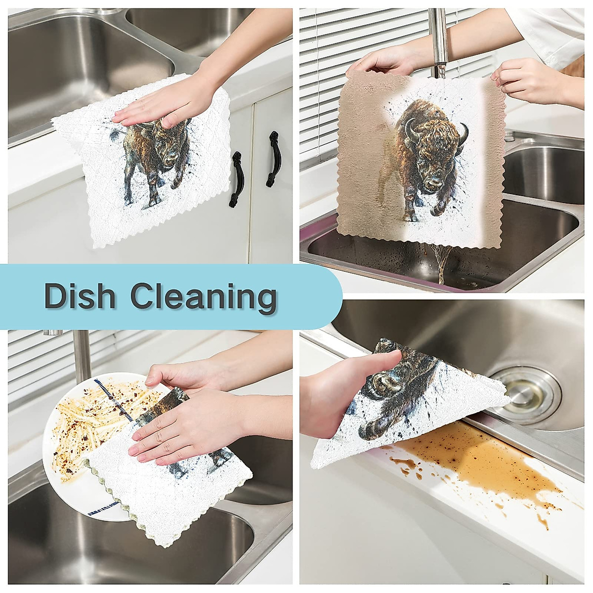 Watercolor Angry Buffalo, Bison, Bull, Wild Animal Paint on White Pack of 6 Pcs Kitchen Dish Towels, Absorbent Soft Dishcloths for Bar cafe Car Table Chair Window Washable Towels 11 x 11 inches