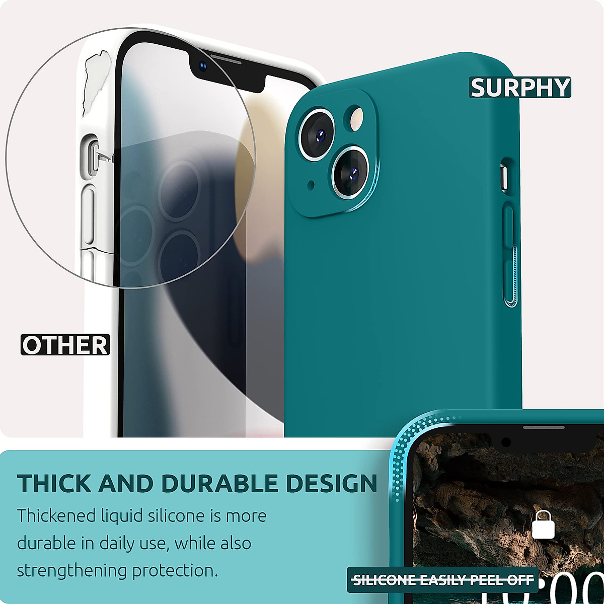 SURPHY Compatible with iPhone 13 Case with Screen Protector, (Camera Protection + Soft Microfiber Lining) Liquid Silicone Phone Case 6.1 inch 2021 (Teal Blue)