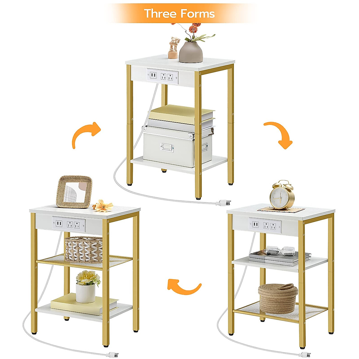HOOBRO End Table with Charging Station and USB Ports, 3-Tier Nightstand with Adjustable Shelves, Small Side Table for Small Space in Living Room, Bedroom and Balcony, White and Gold DW112BZ01G1