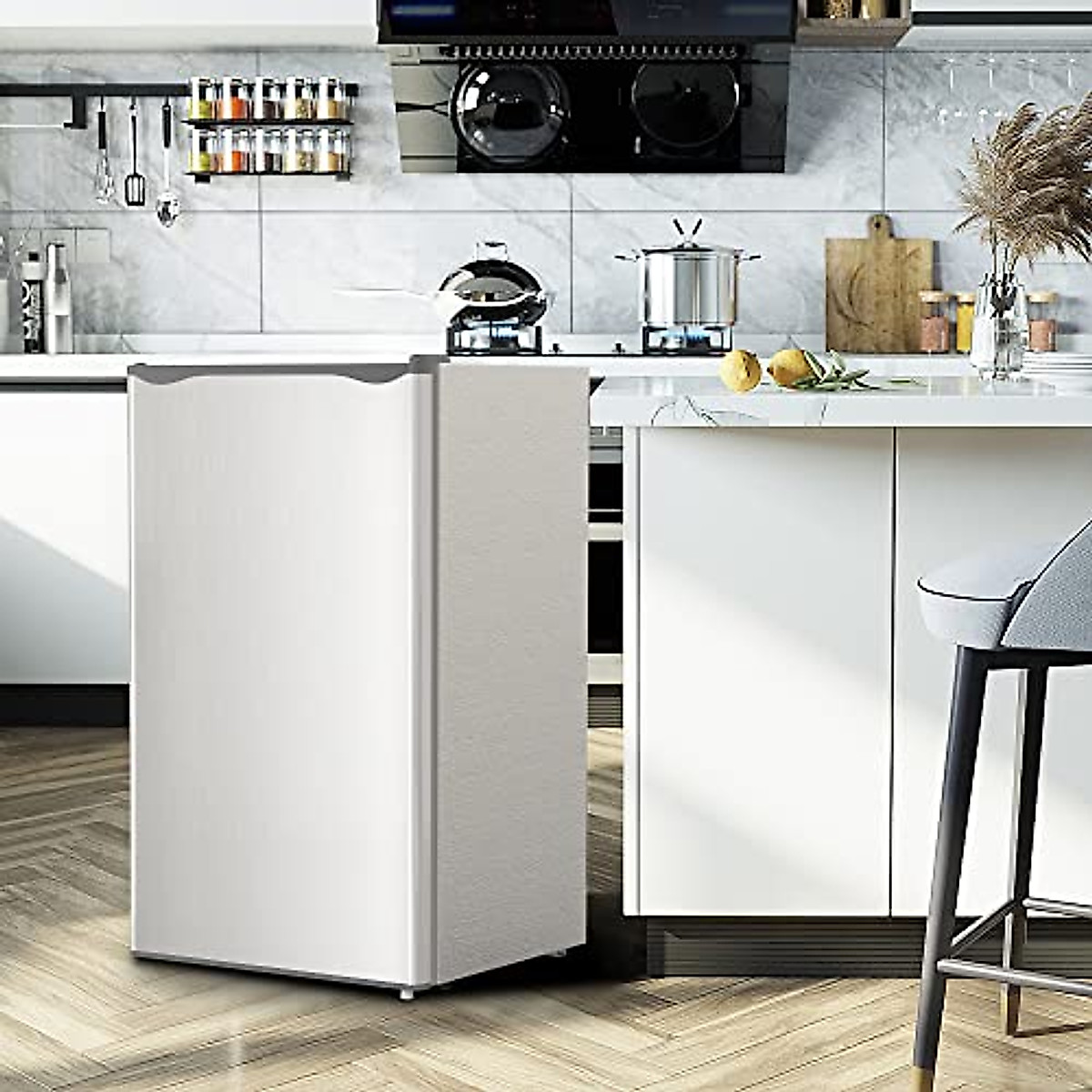 PEIHONGET Mini Fridge with Freezer, 3.2 Cu.ft, 5 Settings Temperature Adjustable, Low Noise, Reversible Single Door, Compact Refrigerator for Bedroom Office and Dorm, Apartment, Kitchen(Silver)