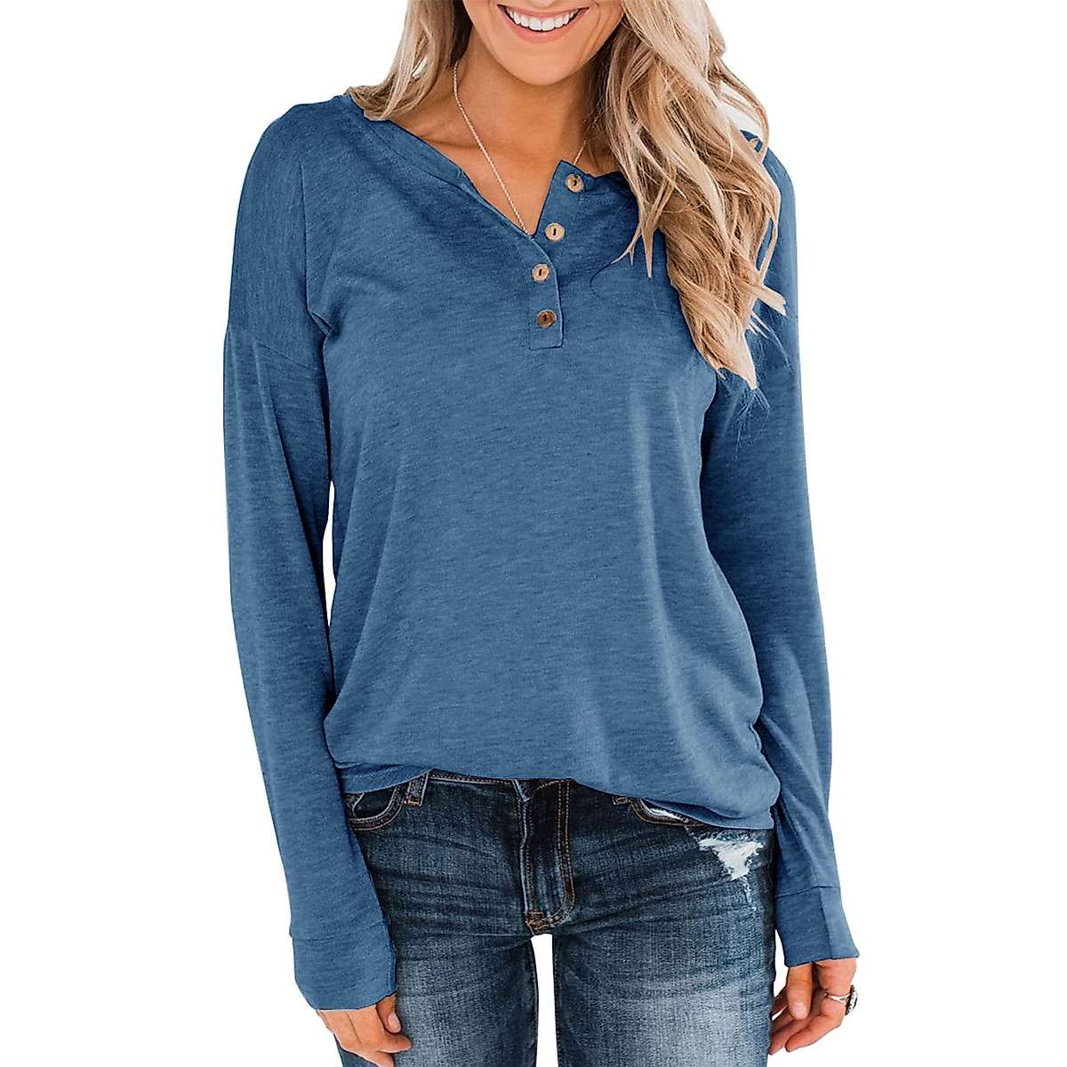 Topstype Women's Long Sleeve Henley Tops Pullover with Buttons Down Casual Loose Fit V-Neck Tunics