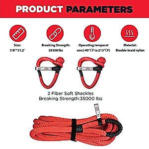 ATCWF 7/8" x 31.2' Tow Rope 29300 lbs Kinetic Recovery Rope,Nylon Double Braided Red Color,with 2 35000 lbs Spectra Fiber Soft Shackles and Storage Bag,for Off Road Vehicle,Pickup Truck,SUV,UTV,ATV