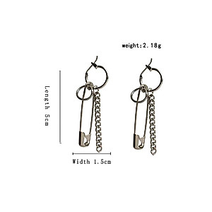 Safety Pin Chain Tassels Dangle Earrings Punk Silver Pin Dangle Earring with Hoop Jewelry for Men and Women (Silver)