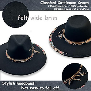 Wotfim Big Wide Brim Fedora Hat for Women Man Felt Panama Hat with Band Western Outdoor hat-Black
