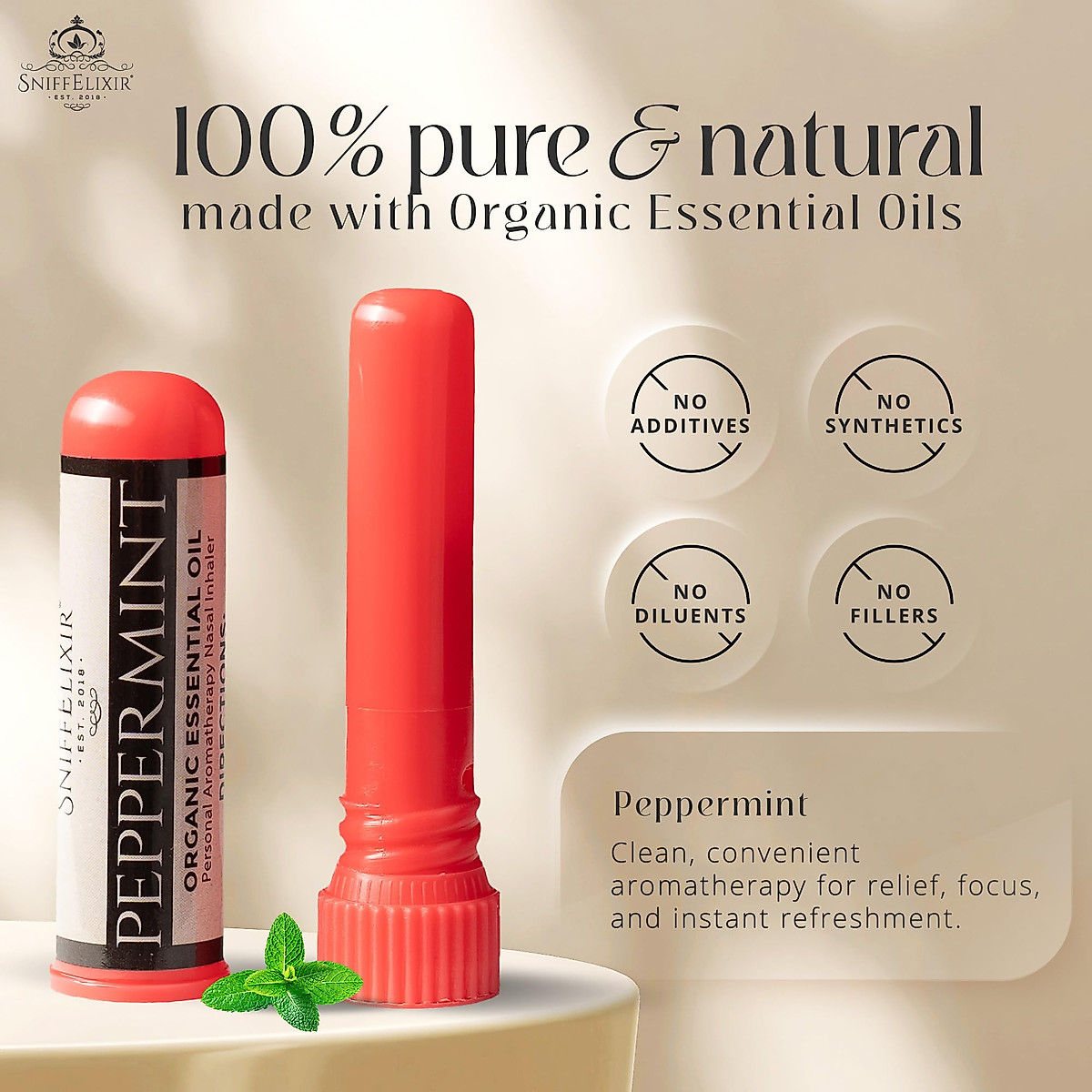 Peppermint Inhaler Nasal Stick - Aromatherapy Nasal Inhaler, Portable Nose Inhaler Stick, Non Drowsy Motion Sickness Nausea Stick with Peppermint Essential Oil for Migraine Stick, and Headache