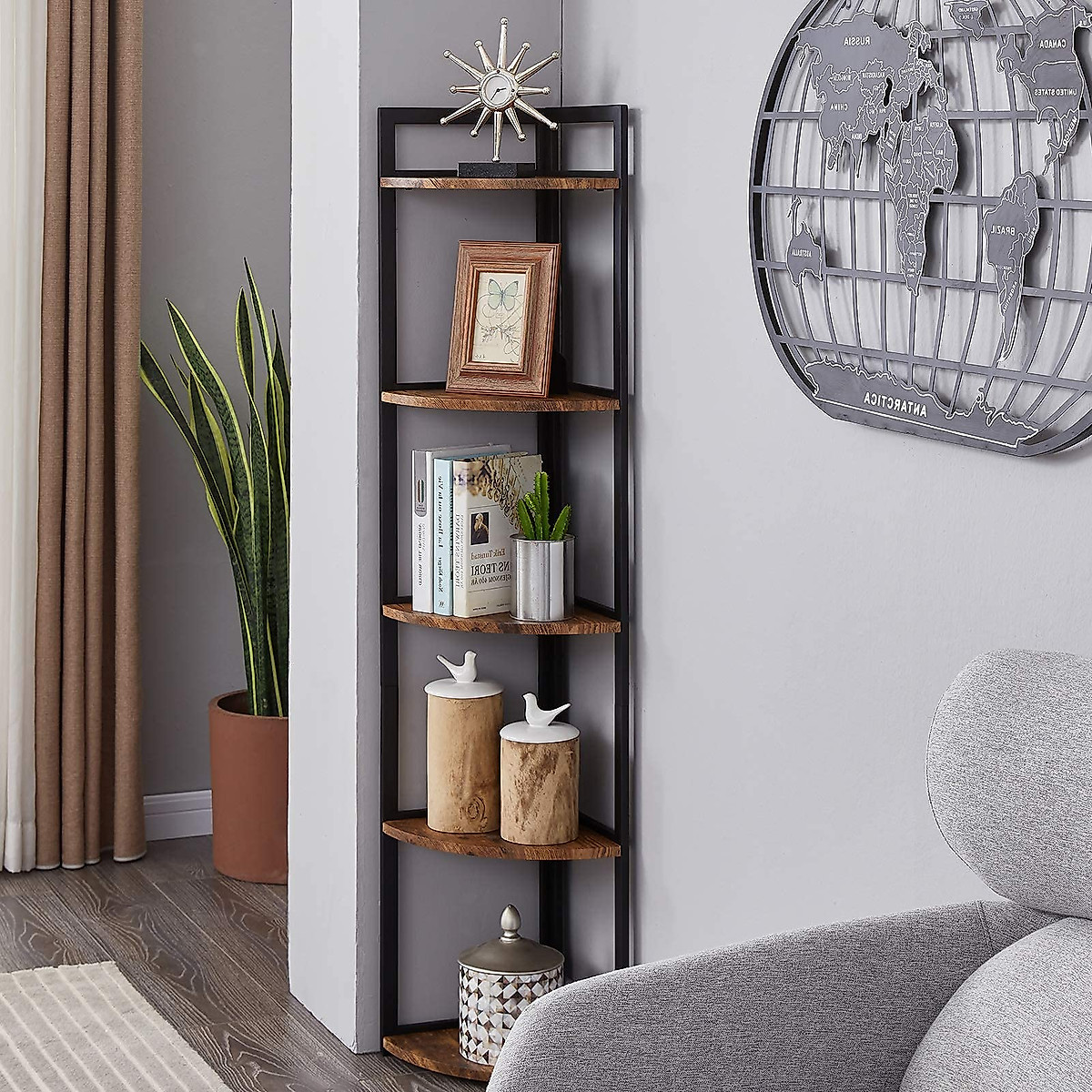 SUPERJARE Corner Shelf, Industrial 5-Tier Wall Corner Bookshelf with Metal Frame, Corner Shelf Stand Display Plant Flower, Corner Bookcase for Home, Office, Kitchen - Rustic Brown