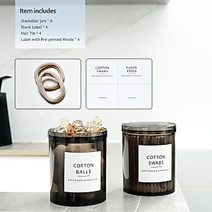 SheeChung Stackable Qtip Holder with Storage Lids for Cotton Swabs, Balls, Pads, Floss Picks-4 Pack Acrylic Apothecary Jar Bathroom Accessories for Bathroom Counter Organizer (4pack 10oz&12oz)