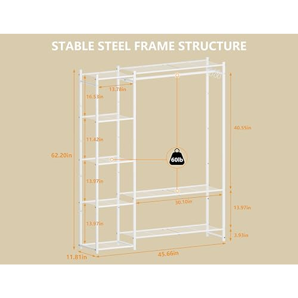 Wardrobe Closet,Portable Clothes Rack with 4 Tiers Shelves,Freestanding Closet Organizers and Storage System with Hanging Rods,Steel Clothing Rack Suitable for Cloakrooms,Bedrooms,Entrances,etc.White