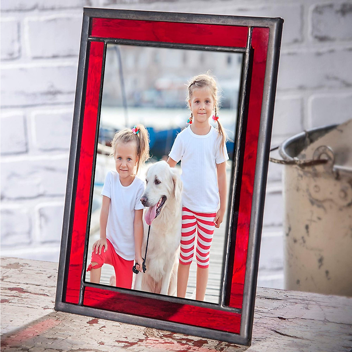 Red Stained Glass Picture Frame for Home Décor, Office, Desk, Table Top 4x6 Photo Horizontal Vertical Easel Back Series J Devlin