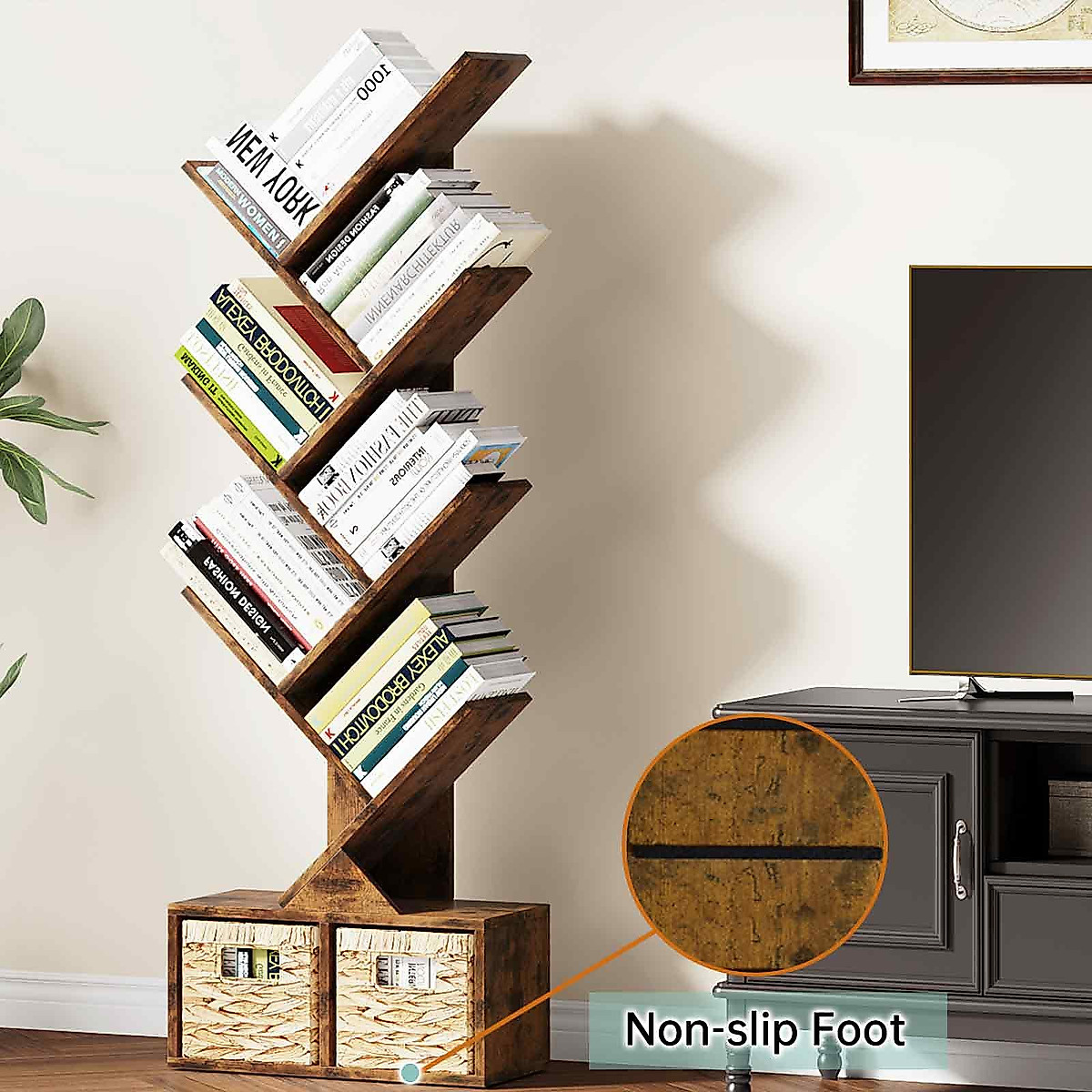 Vagusicc Tree Bookshelf, 6 Tier Bookshelf with Storage, Tall Narrow Bookcase, Rustic Wood Book Storage Rack for CDs/Books, Small Book Organizer Shelves for Bedroom, Living Room, Home Office, Brown