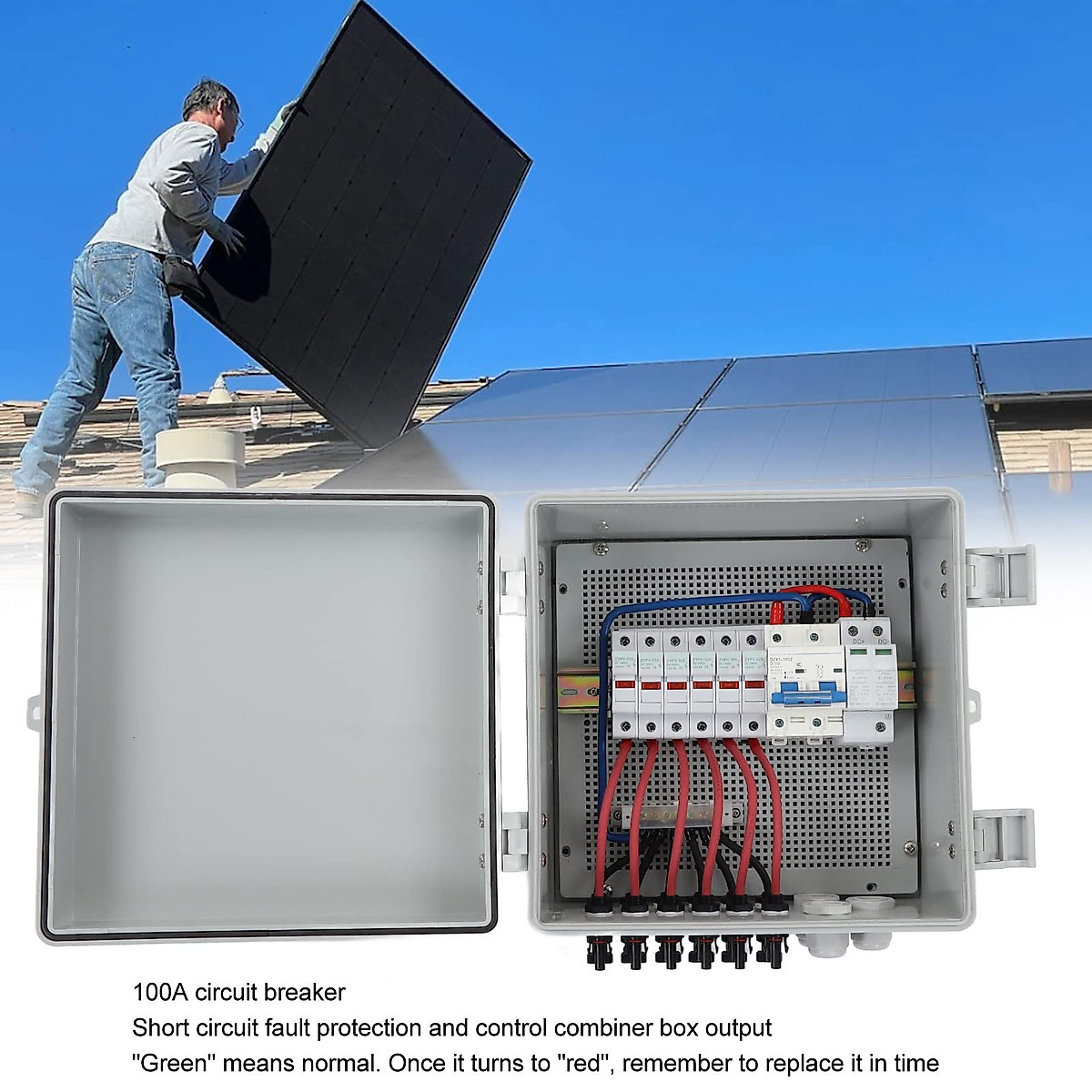 PV Combiner Box, 6 String Solar Combiner Box with 100A Circuit Breaker, 15A Rated Current and 40KA Protective Device IP67 Waterproof for On Off Grid Solar Panel System