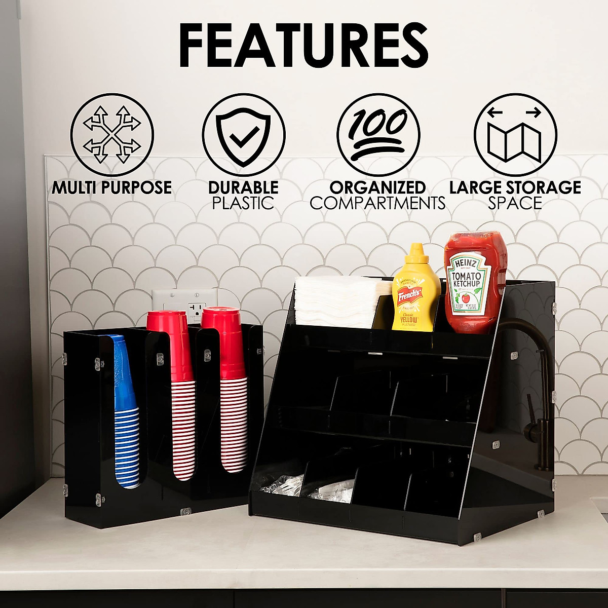 Condiment Organizer - Coffee Condiment Organizer, Caddy for K-Pods, Snack, Tea Bags, Disposable Cups, Coffee Bar Bin Box, Coffee Pods Holder, Farmhouse Decor