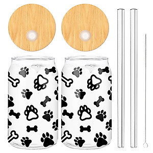 Whaline Dog Paw Ice Coffee Cup 16oz Black White Pet Paw Bone Glasses Cup with Bamboo Lids Glass Straw Cleaning Brushes Cute Drinking Glasses for Cocktails Whiskey Beer Soda Gifts, 2Pcs