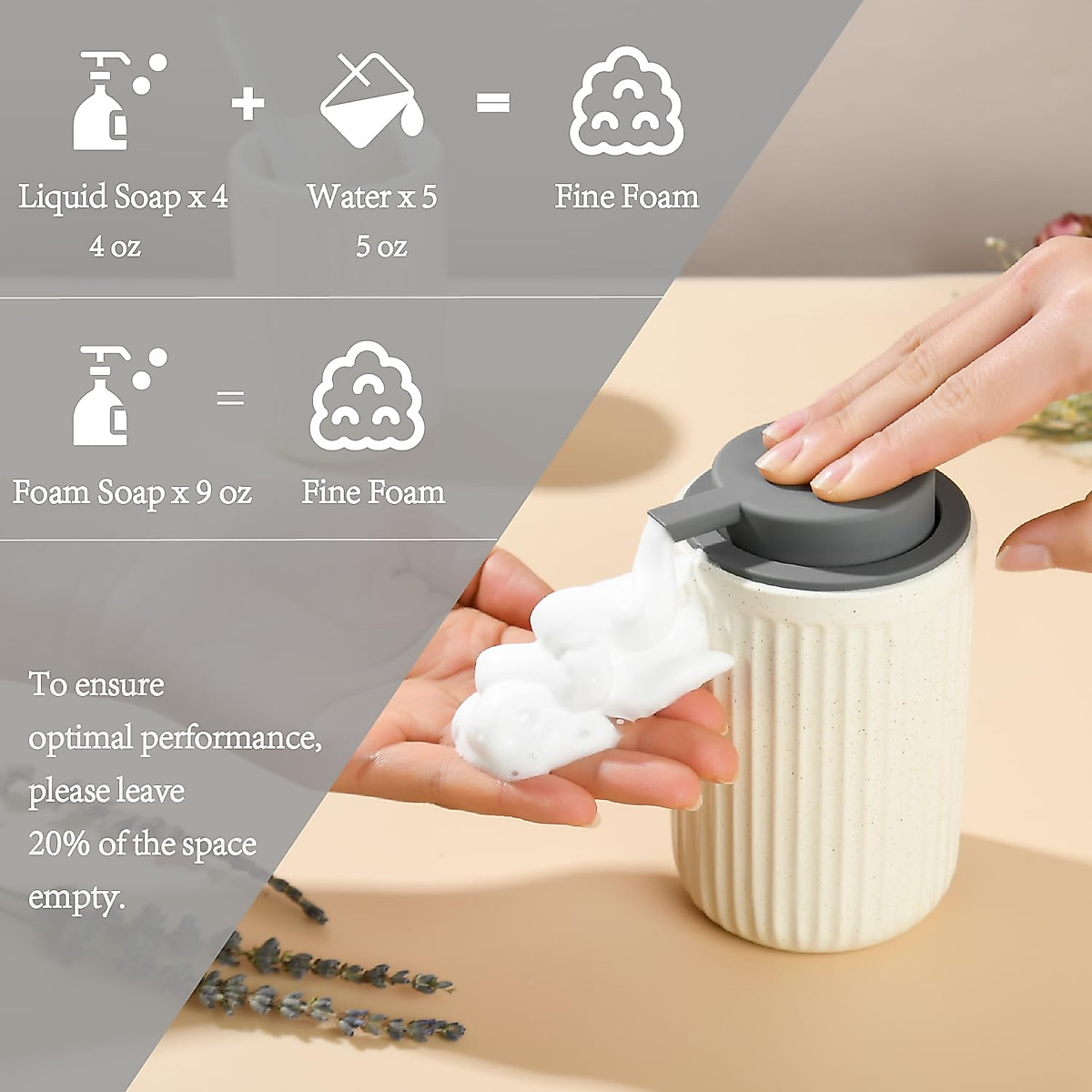 ABBI NIMO Beige Ceramic Foaming Soap Dispenser, Speckled Rippled 12 Oz Bottle with Gray Silicone Pump, Foam Dispenser for Kitchen or Bathroom, Speckled Beige