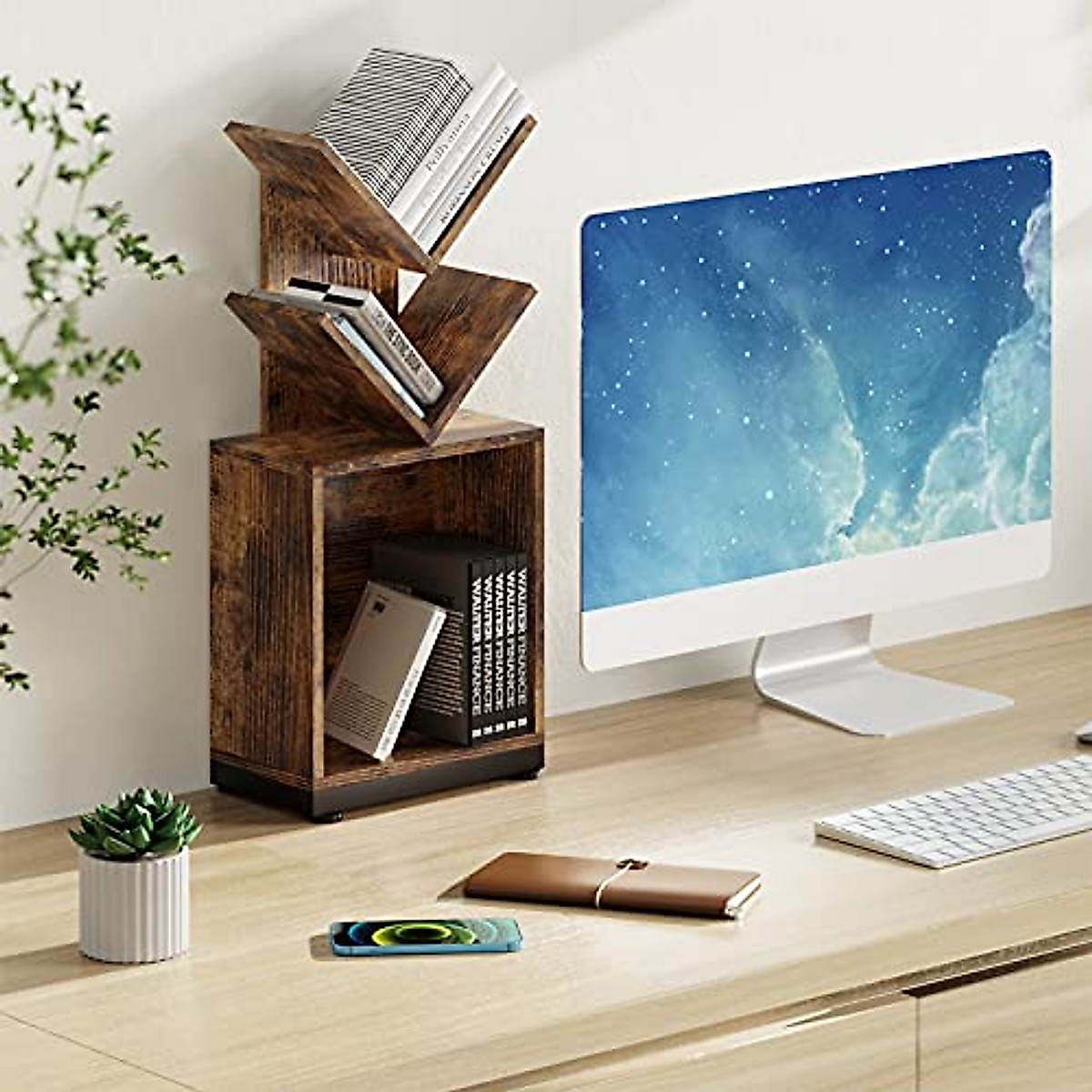 ruboka 2-Shelf Tree Bookshelf with Storage, 26.5-Inch Retro Floor Standing Bookcase Display for CDs/Magazine/Books, Small Bookshelf for Bedroom, Living Room, Office, Brown Storage Shelves DESK51B