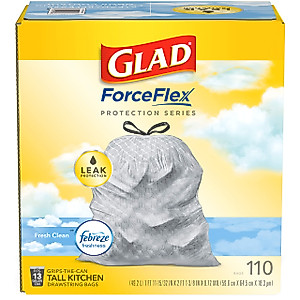 GLAD ForceFlex Tall Kitchen Drawstring Trash Bags, 13 Gallon Grey Trash Bag for Kitchen, Fresh Clean with Febreze Freshness and Leak Protection, 110 Count