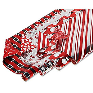 American Greetings 80 sq. ft. Reversible Christmas Foil Wrapping Paper Bundle, Red, Black and Silver, Candy Cane Stripe, Snowmen and Santa Belt (4 Rolls 30 in. x 8 ft.)