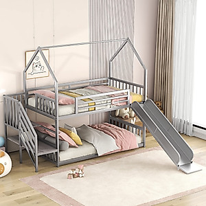 Harper & Bright Designs Twin Over Twin Metal Bunk Bed with Slide and Stairs, Low Bunk House Bed for Kids, Floor Bunk Bed, Modern Style Heavy-Duty Steel Frame (Silver)