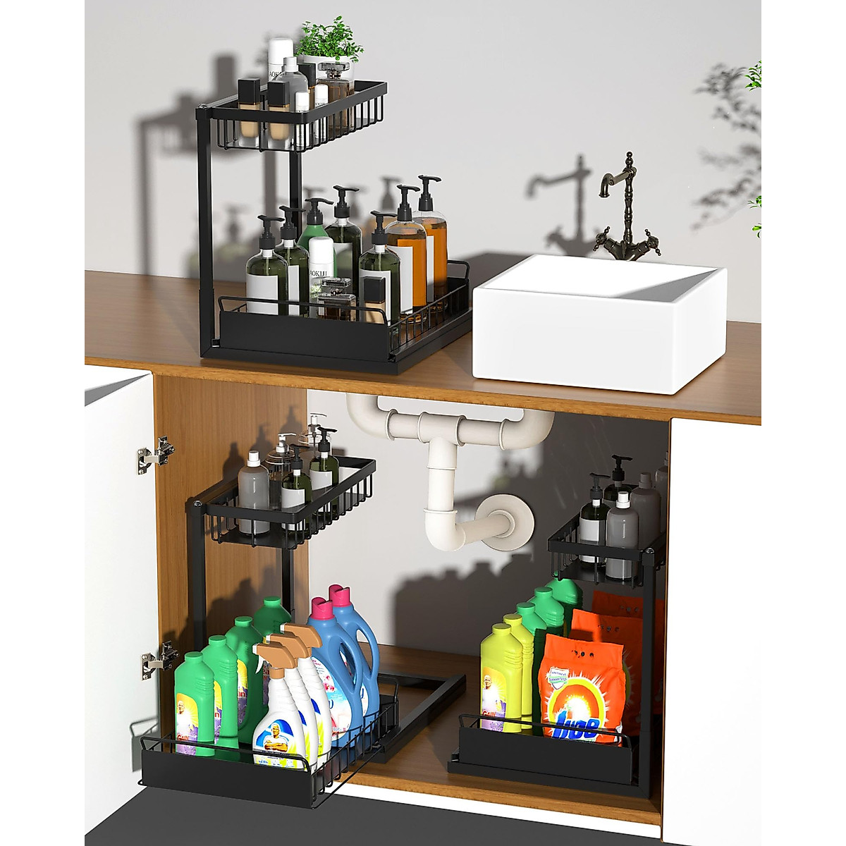 atzeste Metal 2 Tier Under Sink Organizer, Sliding Pull Out Cabinet Shelf Organizer, Multi-purpose Storage Shelf for Bathroom Kitchen, Black…