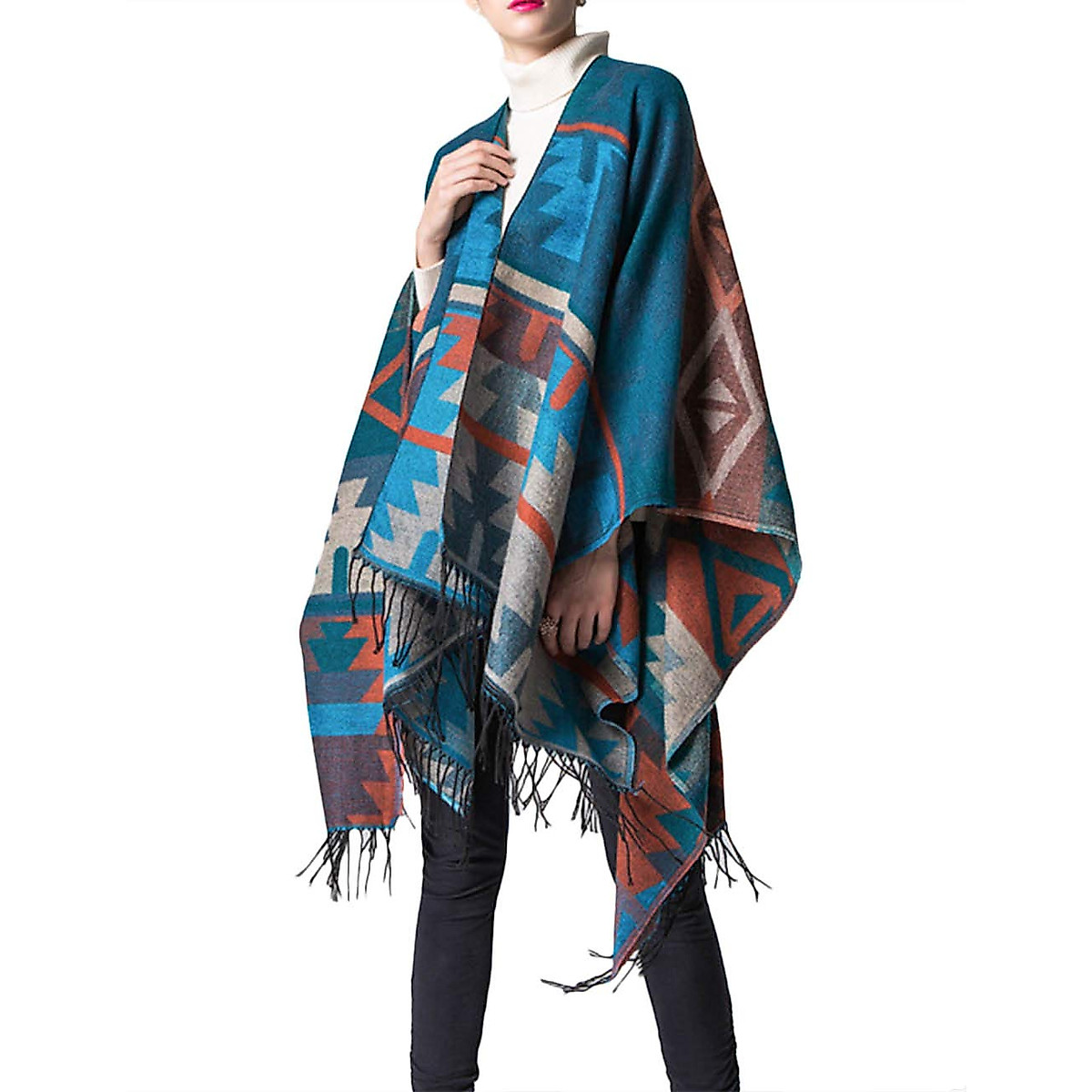 xxxiticat Women's Native American Trendy Cashmere Plaid Pattern Wrap Shawl Cardigan Poncho Cape Scarf(BE) Blue