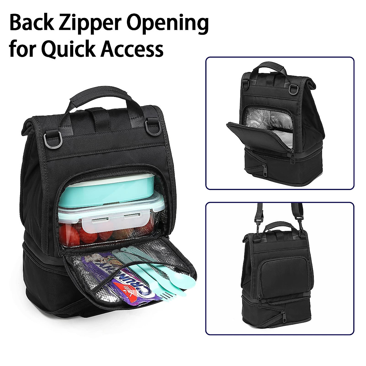 SUNNY BIRD Small Insulated Rolltop Lunch Box Women, Expandable Bento Cooler Bag Reusable for Adult Men (Black, Medium)