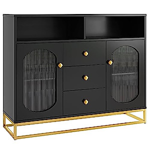 finetones Sideboard Buffet Cabinet with Storage, 47.2" Large Kitchen Storage Cabinet with 3 Drawers and 2 Glass Doors, Buffet Cabinet Buffet Table Coffee Bar Cabinet for Kitchen, Dining Room, Black