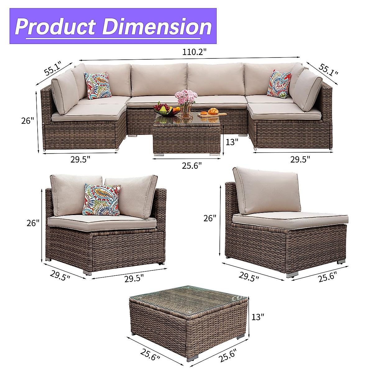 Naga Bahna Patio Furniture Set 7 Pieces Outdoor Sectional Conversation Set, Outdoor PE Wicker Rattan Sofa Set Patio Couches w Anti-Slip Beige Cushions, 2 Pillows for Patio(Brown)