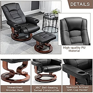 AVAWING Recliner Chair with Ottoman Adjustable Swivel Chair with Footrest 360° Swivel PU Leather Reclining Chair with Footrest for Living Room Recliner and Ottoman with Wood Base, Black
