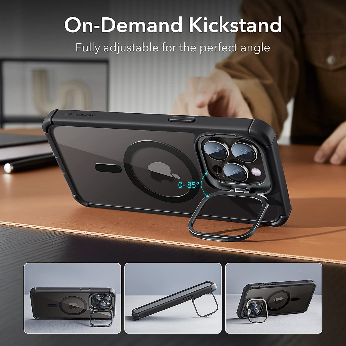 ESR for iPhone 14 Pro Case with Stand, Compatible with MagSafe, Full-Body Military-Grade Drop Proof Case with Built-in 9H+ Tempered Glass Screen Protector, Armor Series, Clear Black