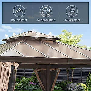 12'x12' Hardtop Gazebo, Permanent Outdoor Gazebo with Polycarbonate Double Roof, Aluminum Gazebo Pavilion with Curtain and Net for Garden, Patio, Lawns, Deck, Backyard(Brown)
