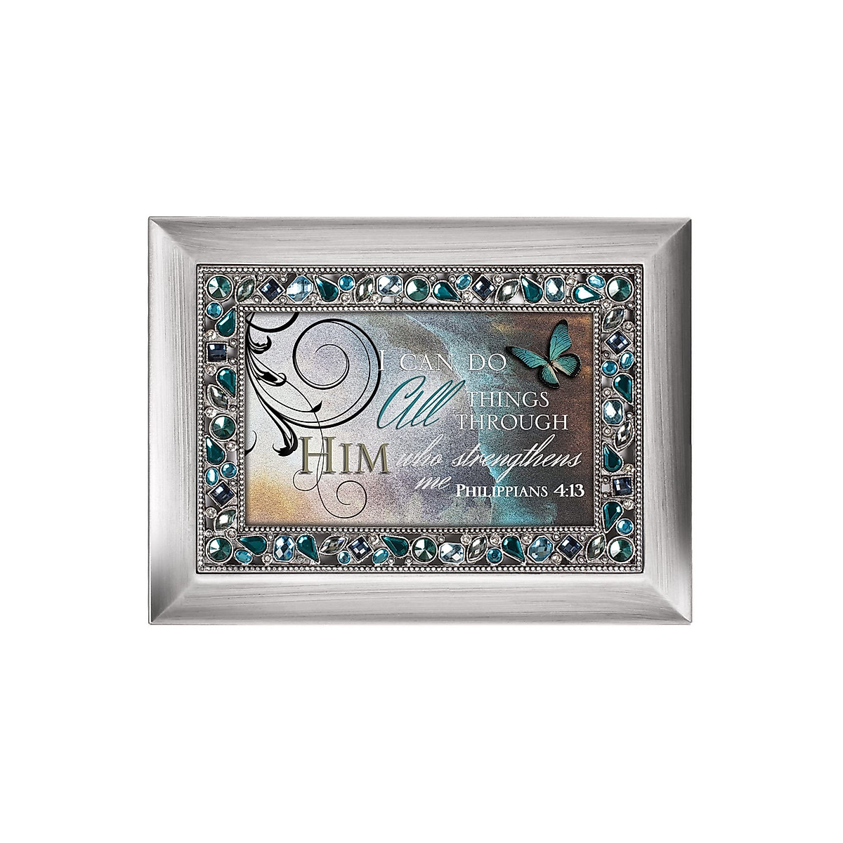 Cottage Garden Can Do All Things Through Him Brushed Silvertone Jeweled Music Box Plays On Eagle's Wings