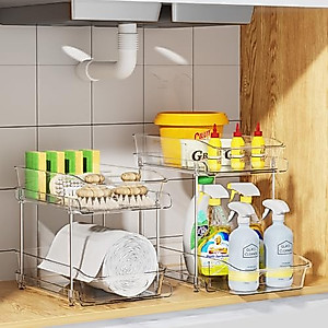 Delamu 2 Sets of 2-Tier Clear Under Sink Organizers and Storage, Multi-Purpose Stackable Bathroom Cabinet organizers, Pull Out Kitchen Pantry Organization and Storage with Dividers