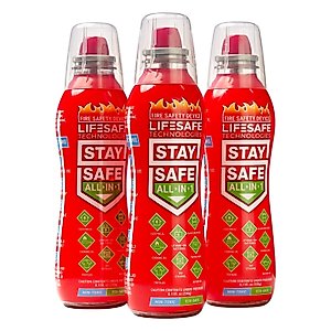 LifeSafe Technologies StaySafe All-in-1 Portable Fire Extinguisher - Compact & Easy to Use, for Home, Kitchen, Car, Garage, Boat, Non-Toxic & Eco-Friendly, Tackles 10 Types of Fire, Pack of 3