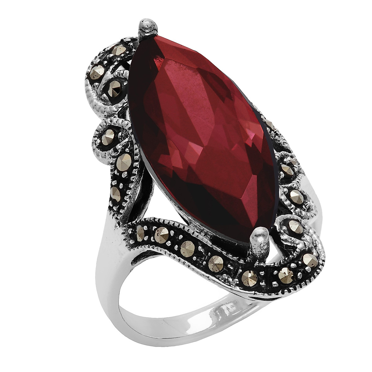 Silverly Women's 925 Sterling Silver Simulated Marcasite Red Cubic Zirconia Oval Cut Swirl Ring