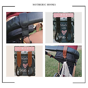 Genuine Leather Stroller Hook by Motheric - baby stroller leather hooks, stroller hooks for diaper bags, Leather Stroller Clips - 2Pcs - stroller bag hook - Black